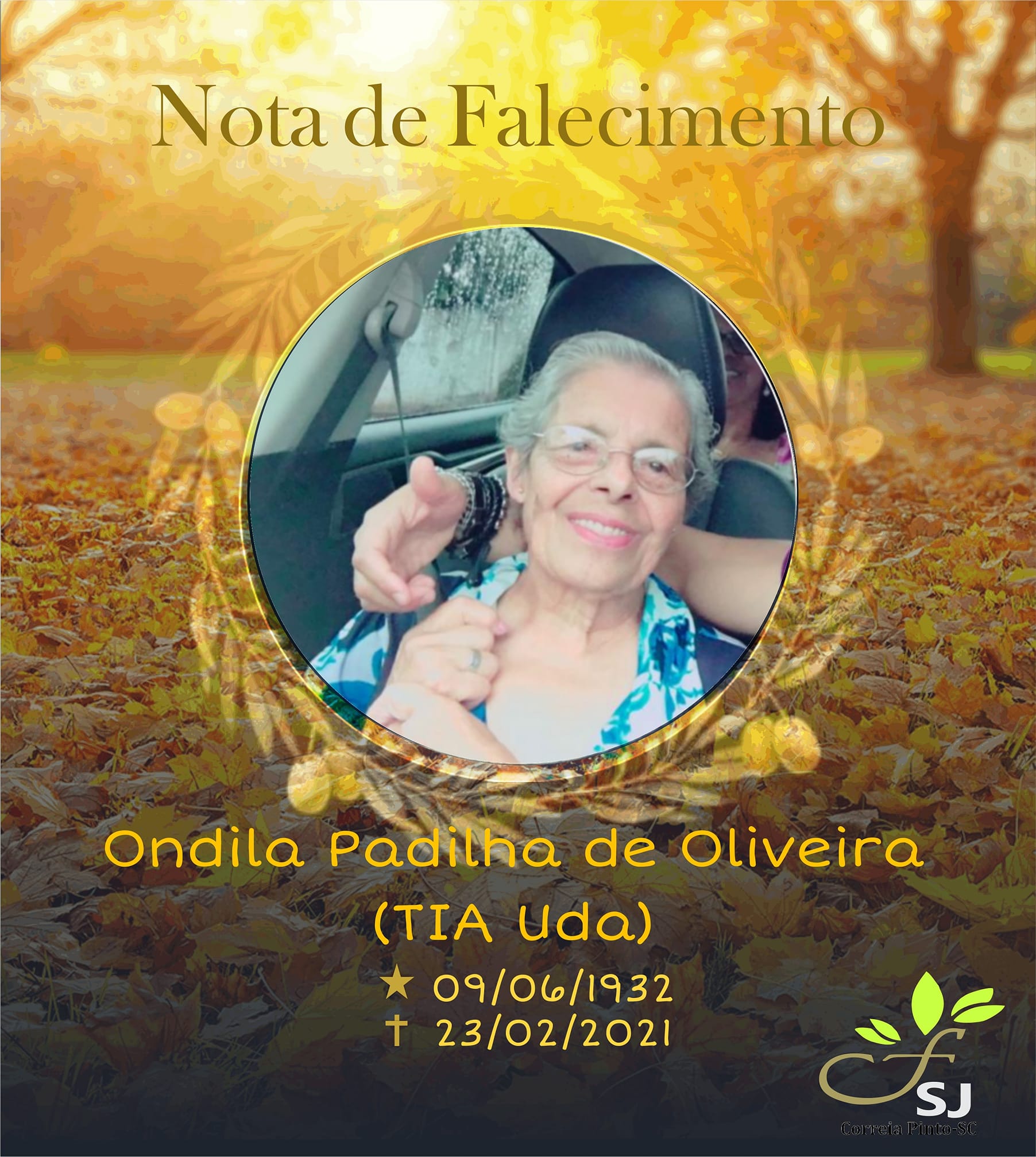 Nota de falecimento - Ondila Padilha de Oliveira - Fetiesc